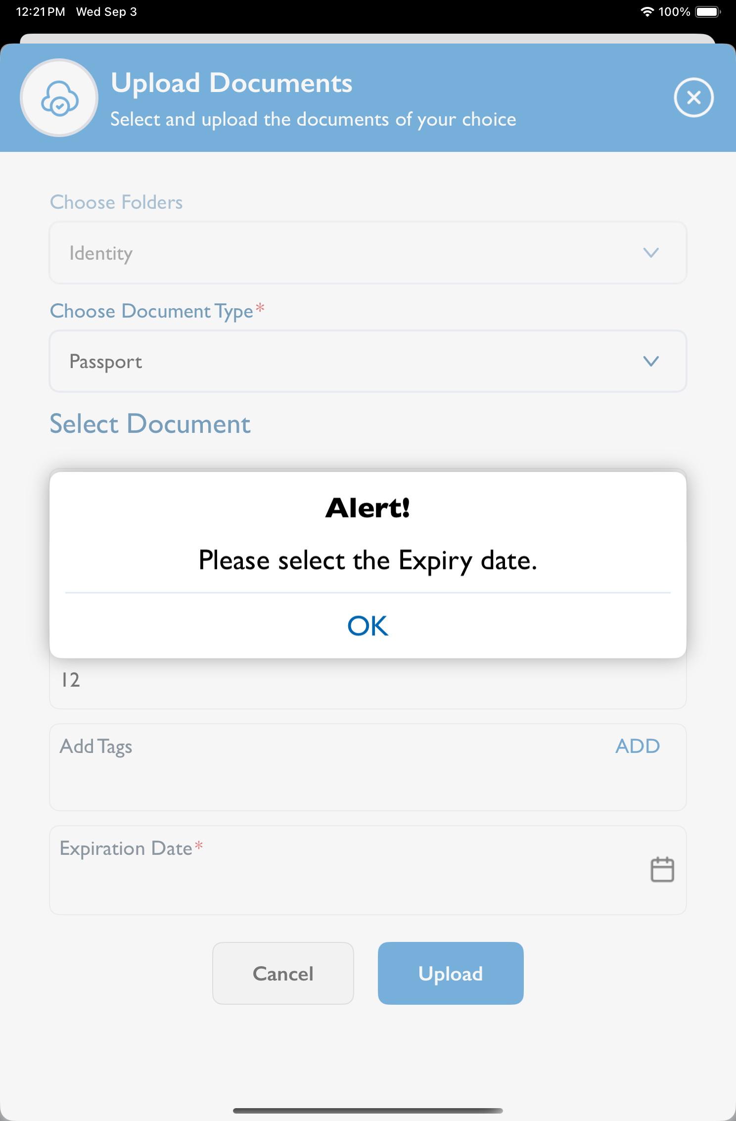 Bug #5564: Documents (Upload): The identity document expiry date alert should be consistent for ...